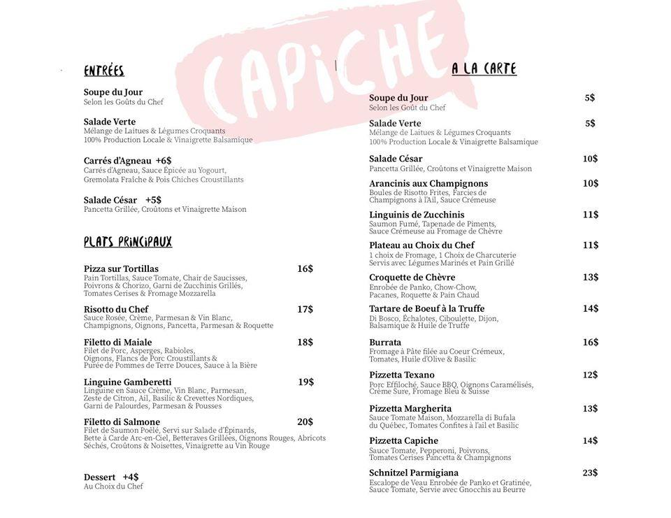 Menu at Restaurant Capiche, Drummondville