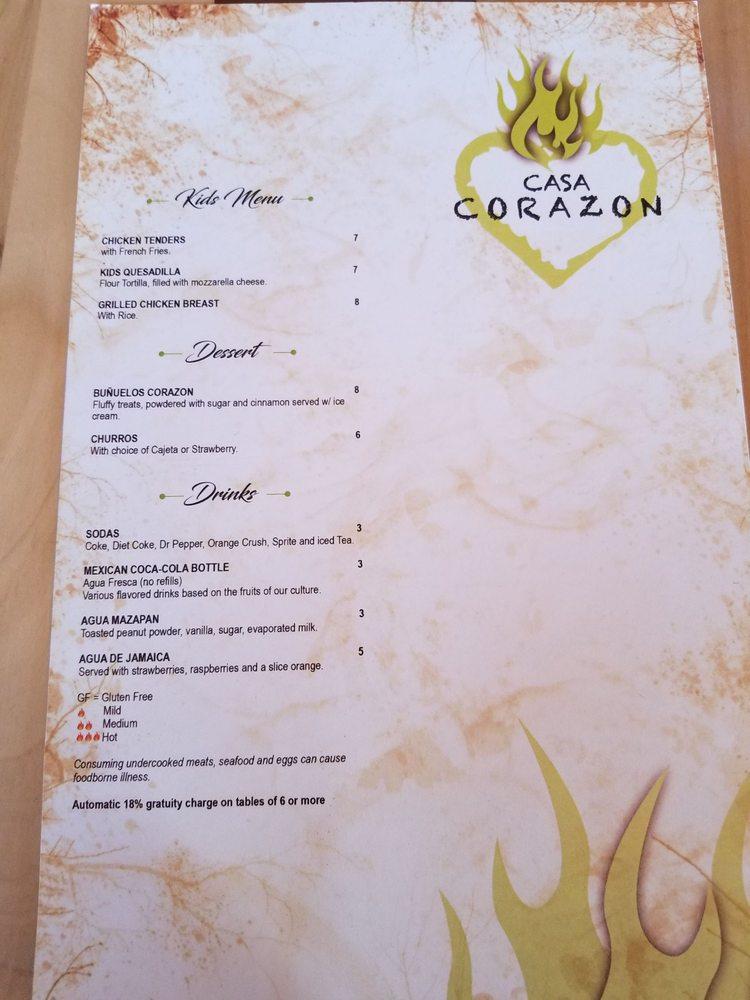 Menu at Casa Corazon Restaurant, Phoenix