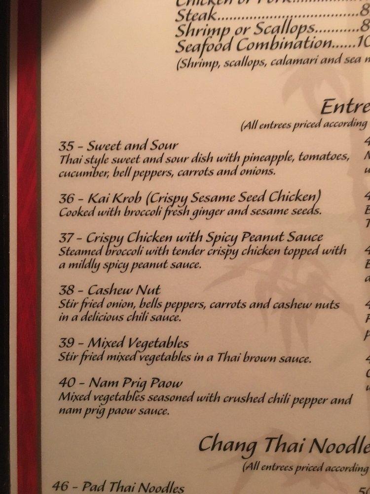 Menu at Chang Thai restaurant, Clemmons