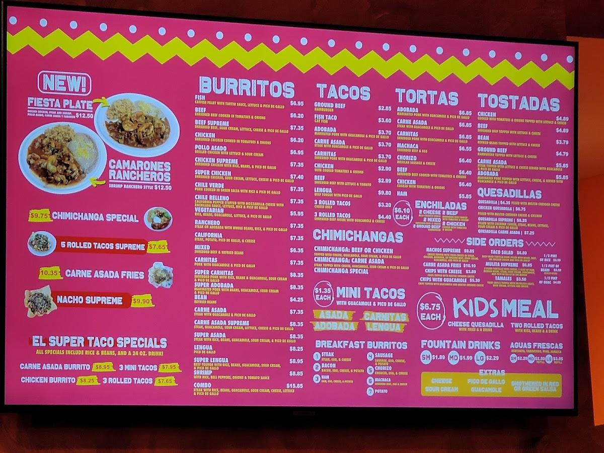 Menu at El Super Taco restaurant, Fountain