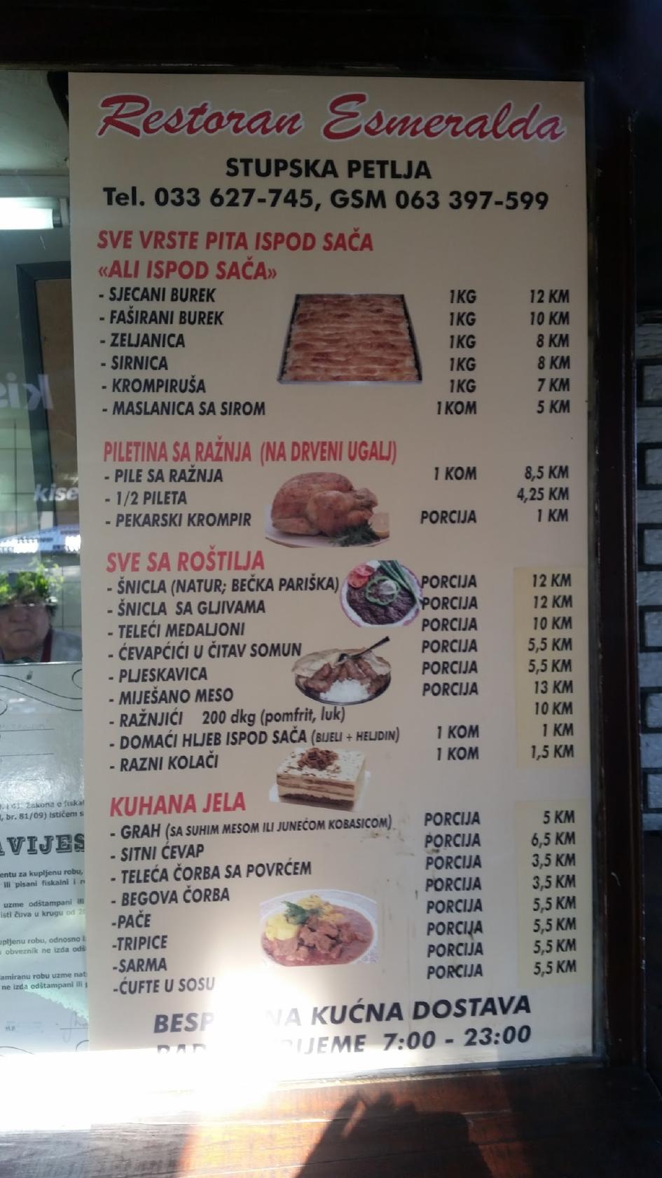Menu at Esmeralda restaurant, Sarajevo
