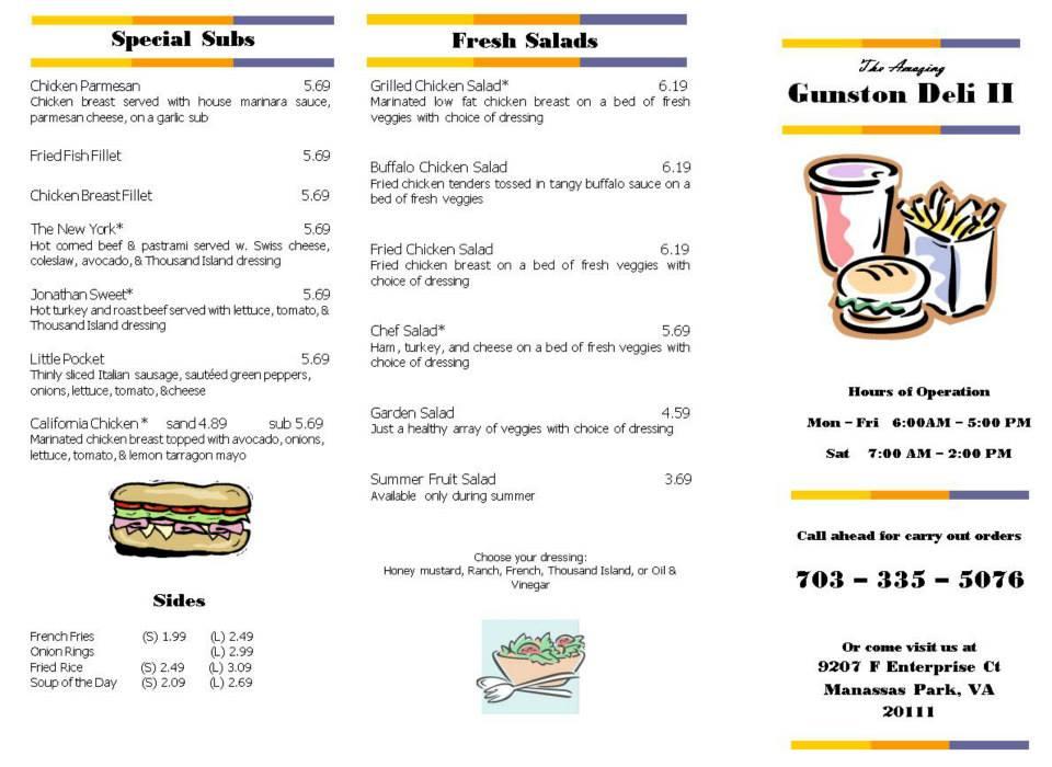 Menu at Gunston Deli 2 restaurant, Manassas Park