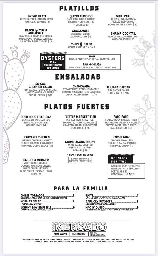 Menu at Mercado restaurant, Fort Wayne