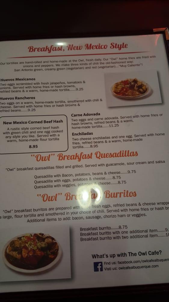 Menu at Owl Cafe, Albuquerque, 800 Eubank Blvd NE
