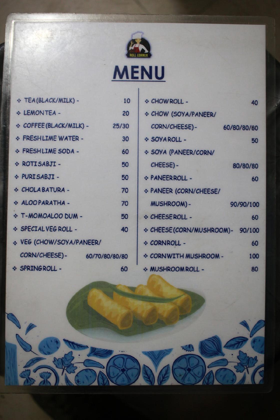 Menu at Roll Corner M.G. Marg, Gangtok