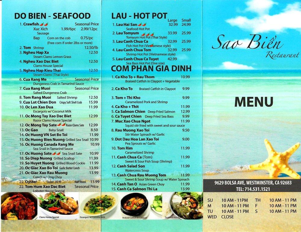 Menu at Sao Bien Restaurant, Westminster