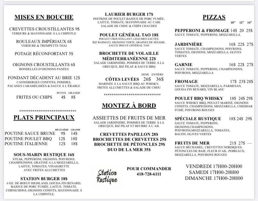 Menu au Station Rustique BBQ, Laurier-Station