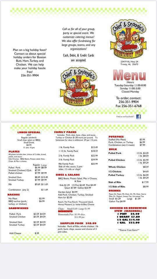 Menu at Chief & Snoogie's Hickory Pit BBQ, USA