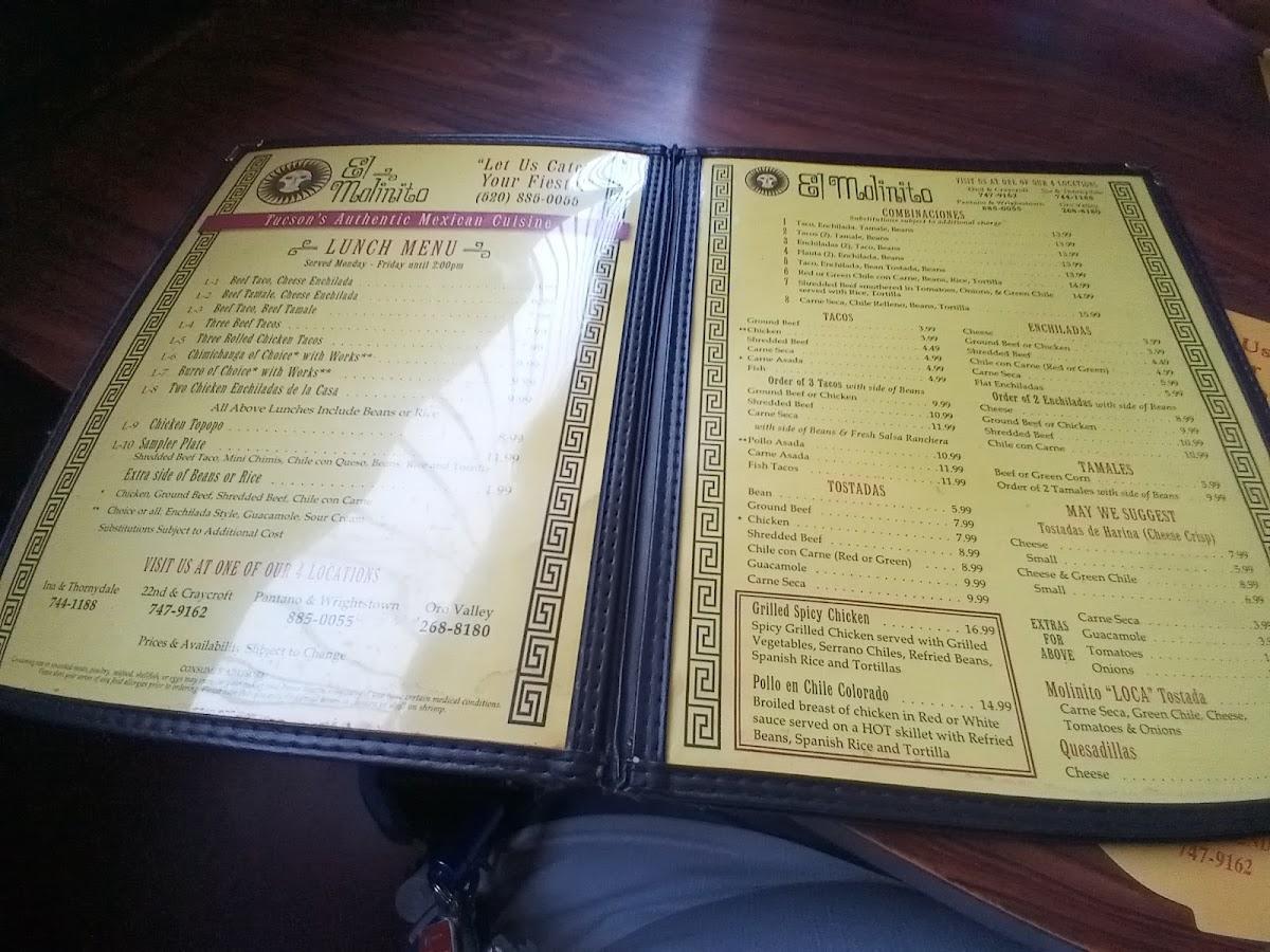 Menu at El Molinito restaurant, Tucson, E 22nd St
