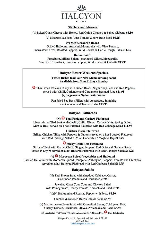 Menu at Halcyon Kitchen restaurant, Leicester