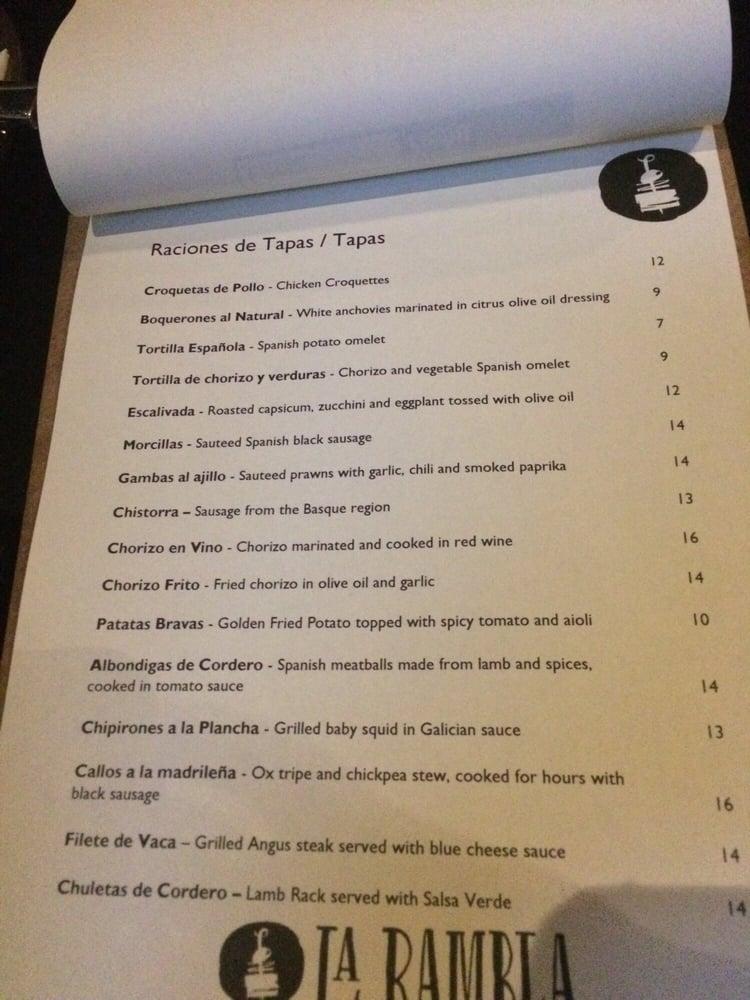 Menu at La Rambla Tapas Bar, Adelaide