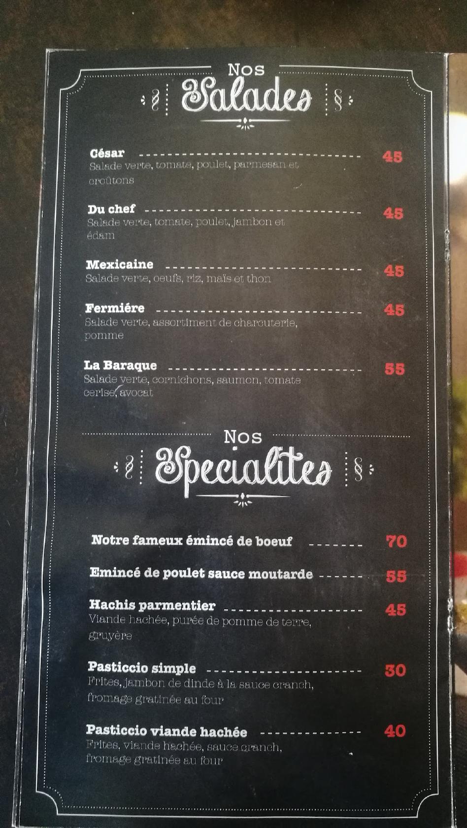 Carta de La baraque à fish, Marrakech