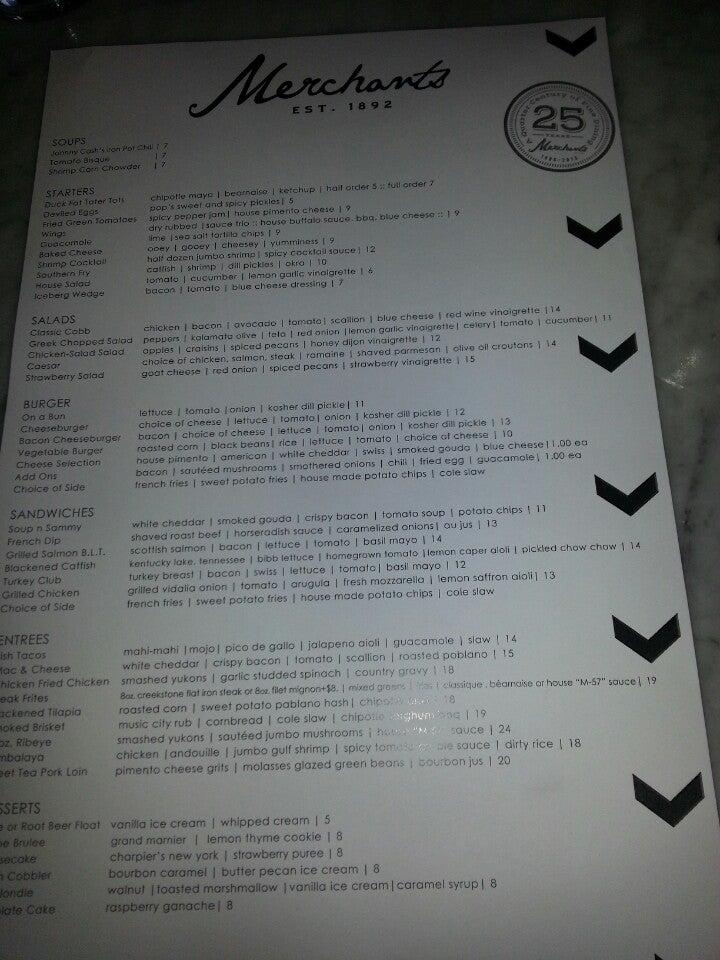 Menu at Merchants steakhouse, Nashville