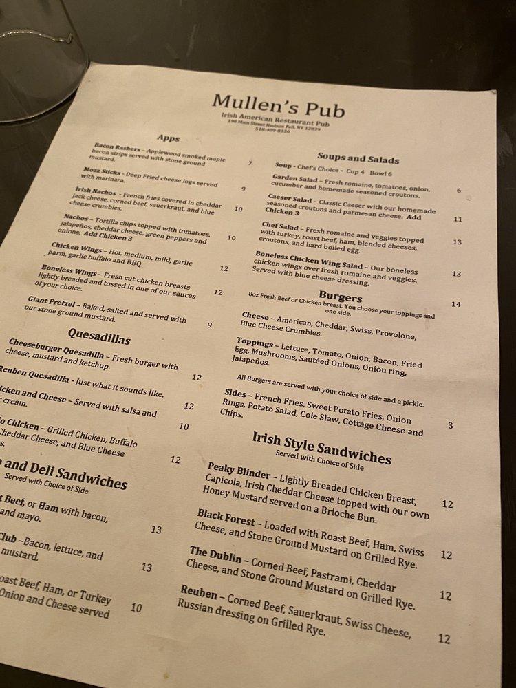 Menu at Mullen's Pub, Hudson Falls