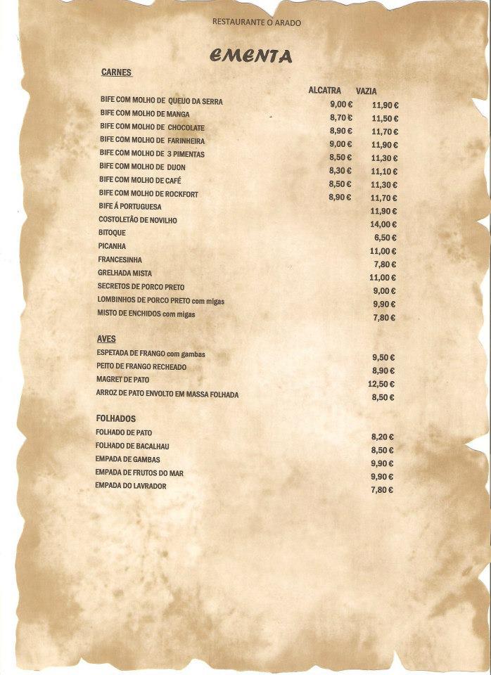 Menu at O Arado restaurant, Lisbon