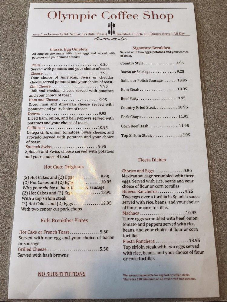 Menu at Olympic Coffee Shop cafe, San Fernando