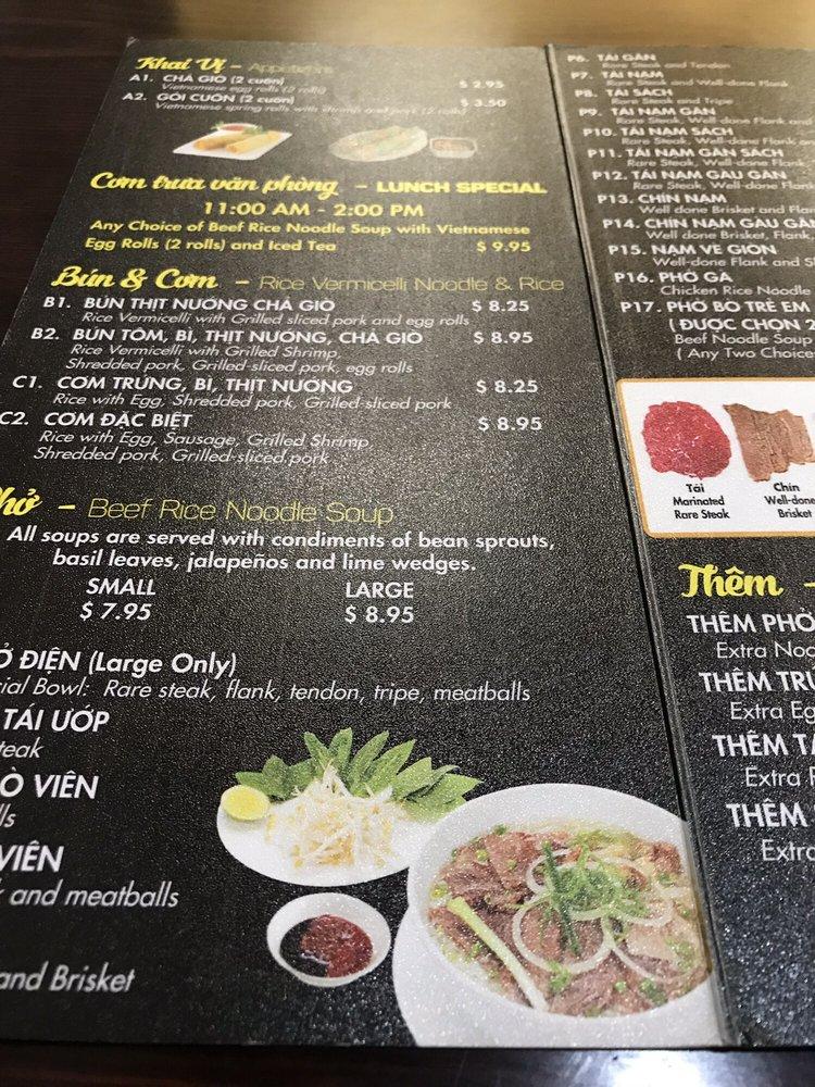 Menu at Pho Dien 1960 restaurant, Humble