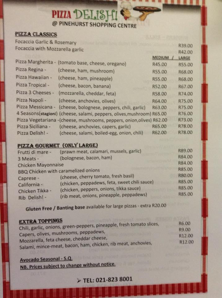 Menu at Pizza Delish! pizzeria, Cape Town, Shop 28 Pinehurst Shopping Mall