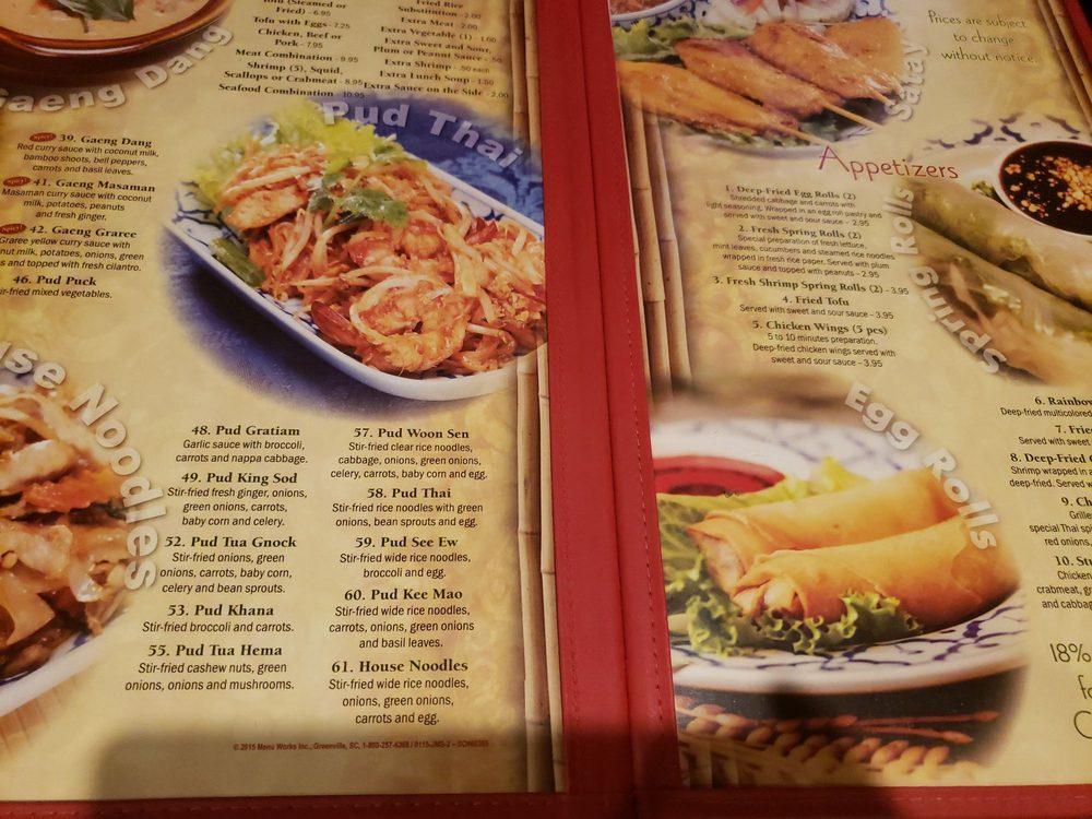 Menu at Thai Taste restaurant, Spartanburg