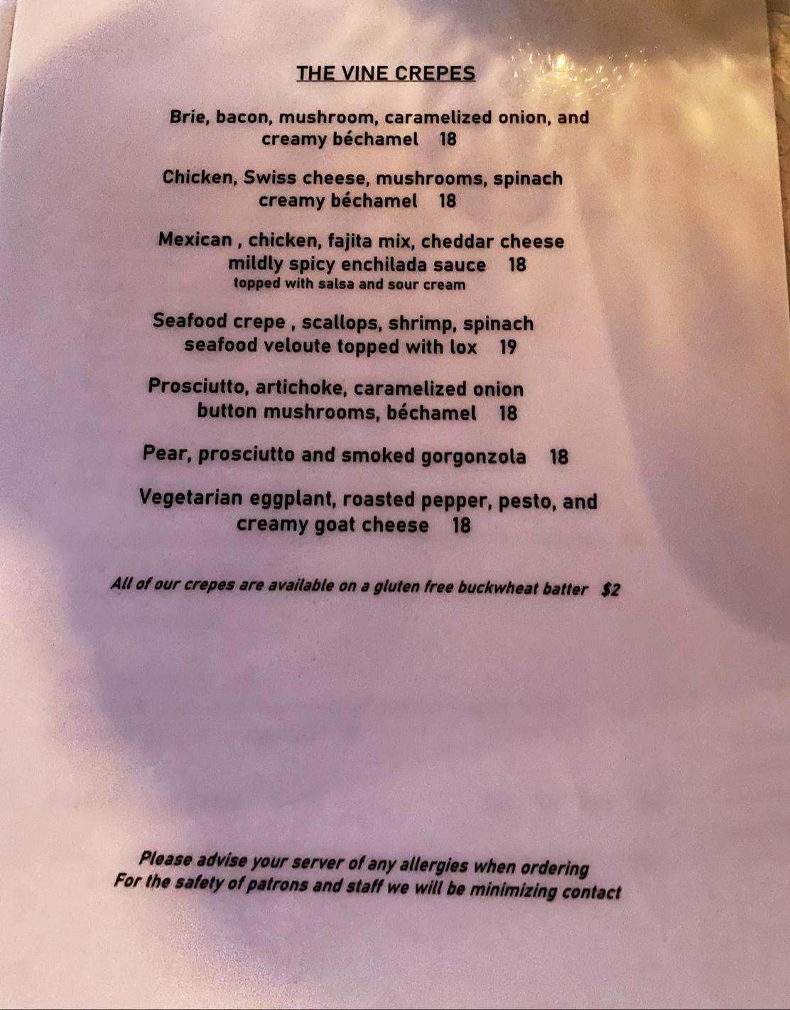Menu at The Vine restaurant, Cowichan Bay, Cowichan Bay Rd