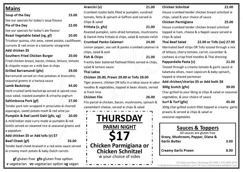 Menu at Wodonga Golf Club Clubhouse Bar & Bistro, West Wodonga
