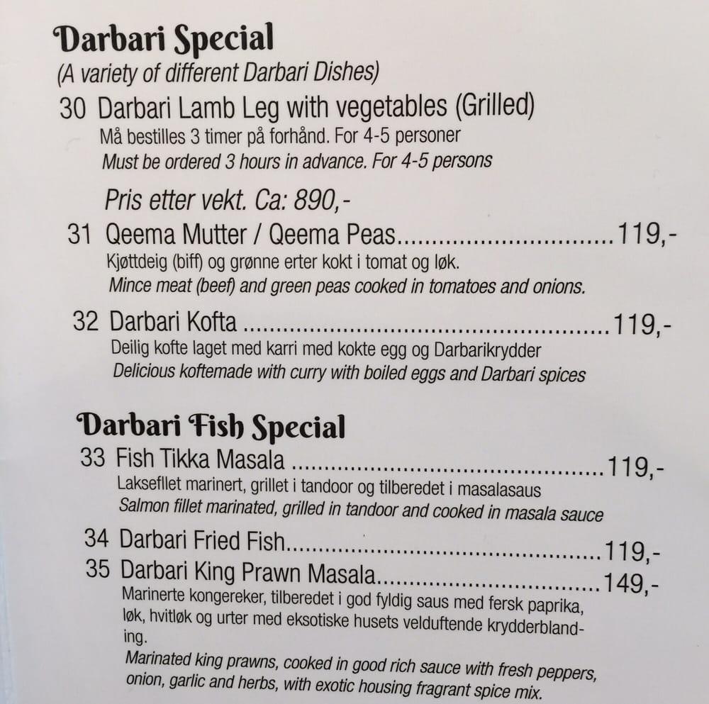 Menu at Darbar Restaurant, Oslo