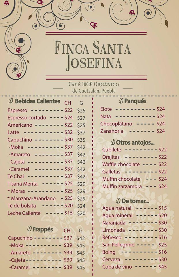 Menu at Finca Santa Josefina, Mexico City