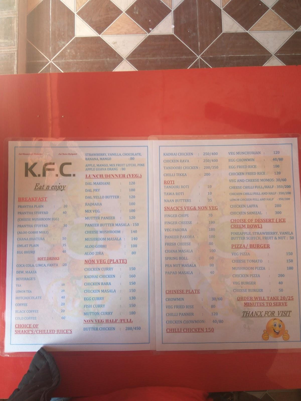 Menu at KFC Food Point, India