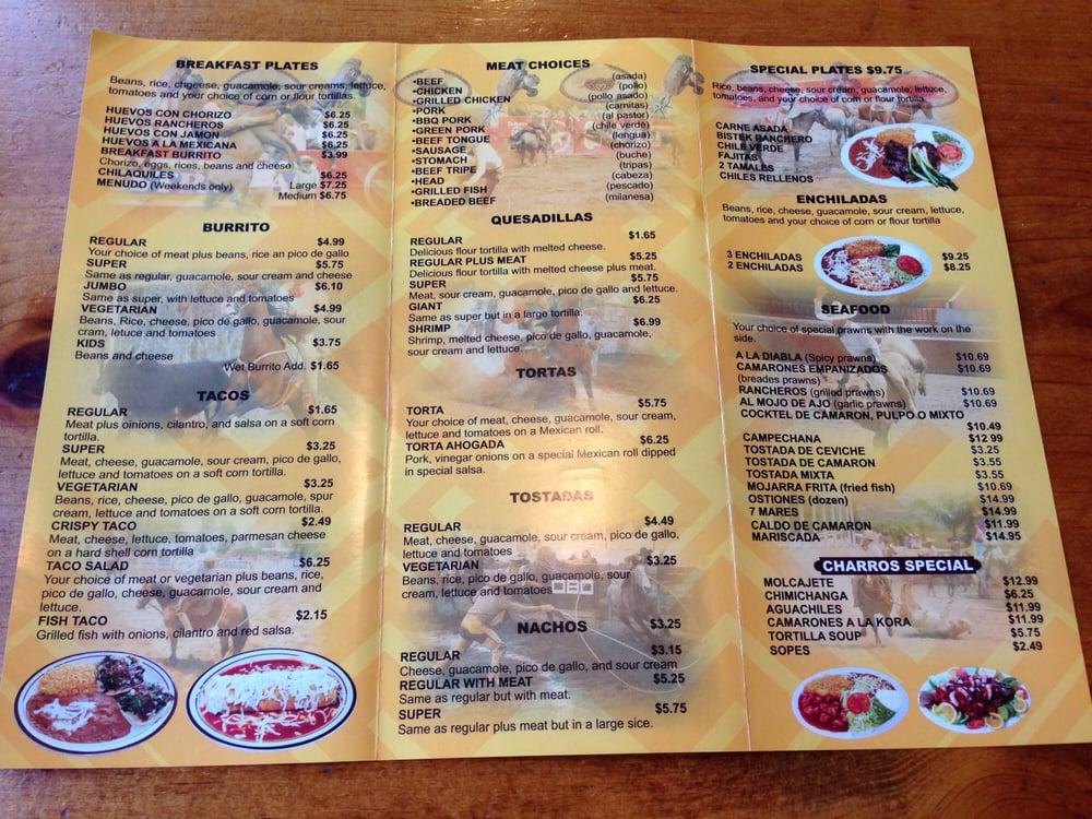 Menu at Los Charros Taqueria restaurant, Yuba City