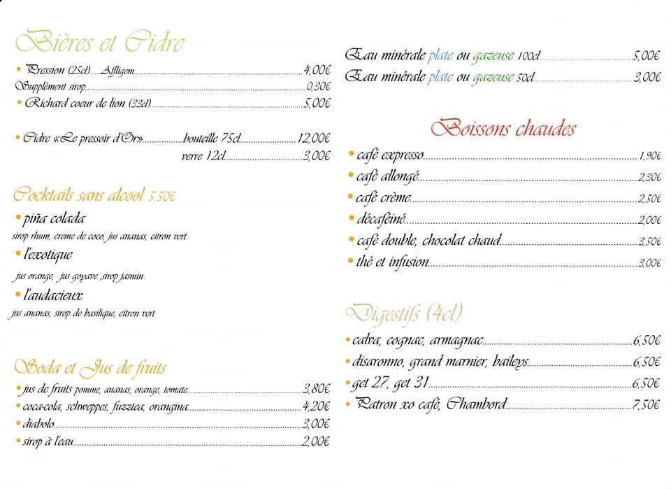 Menu au Mistral restaurant, Les Andelys