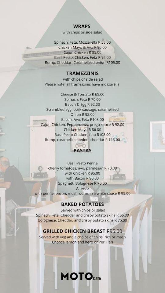 Menu at Moto Cafe, Umhlanga