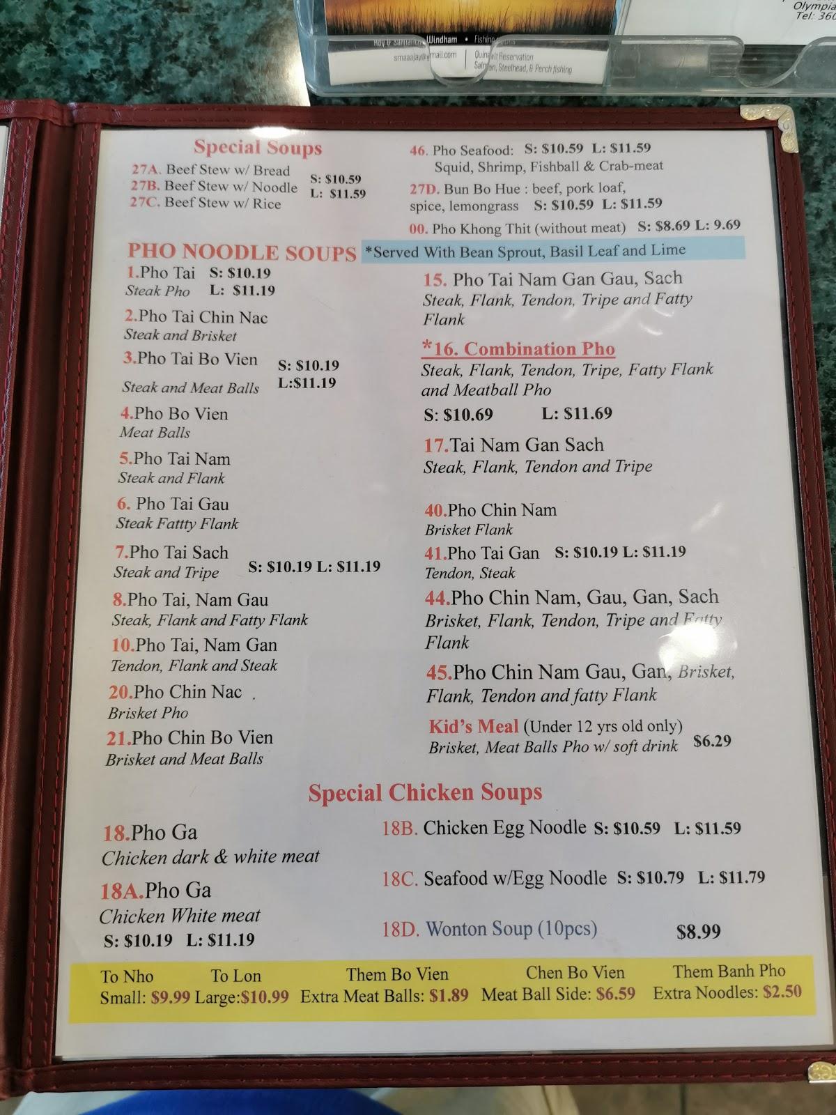 Menu at Pho Lynn Vietnamese Restaurant, Olympia