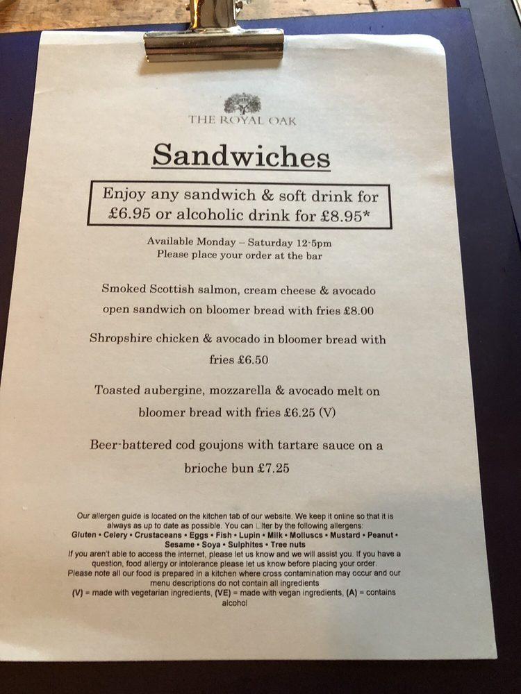 Menu at The Royal Oak pub & bar, Oxford