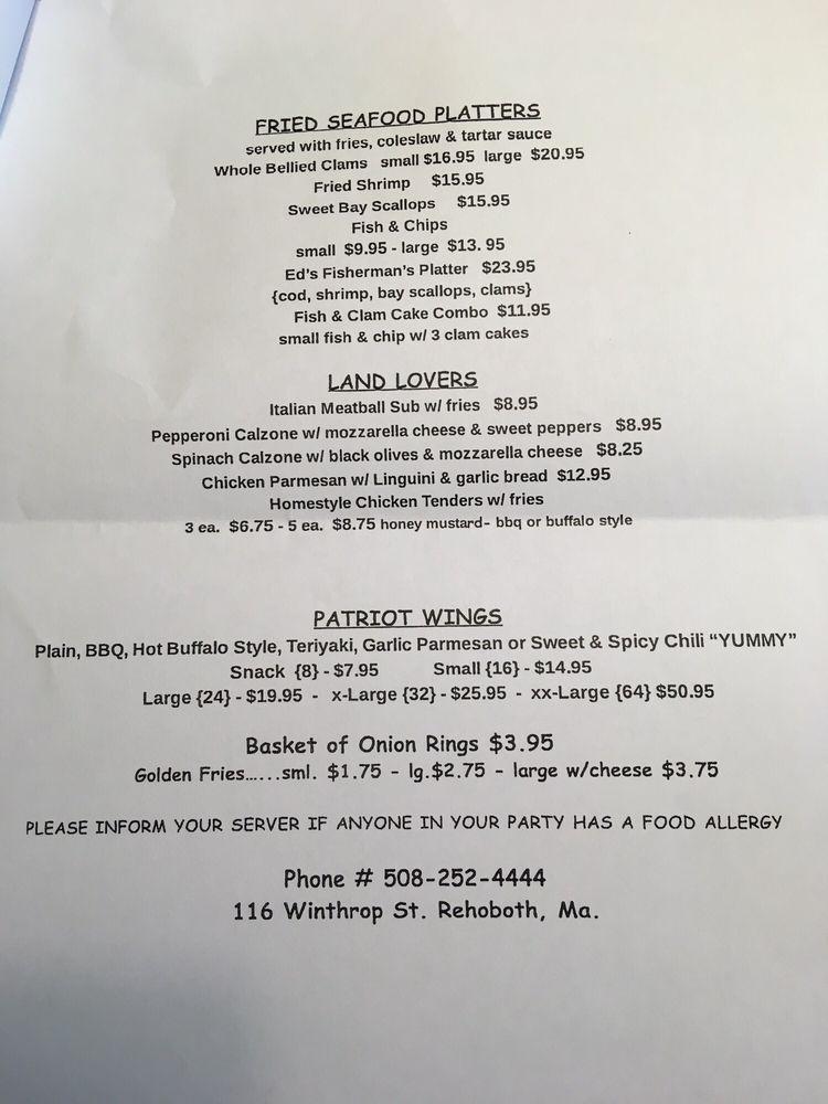Menu at Uncle Ed's Front Porch restaurant, Rehoboth