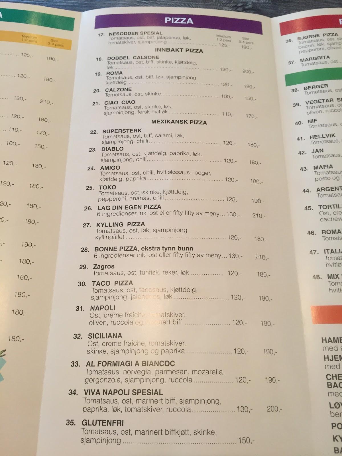 Menu at Viva Napoli Pizzeria, Nesoddtangen
