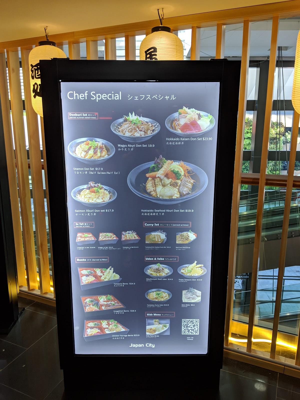 Menu at Japan City restaurant, Ryde