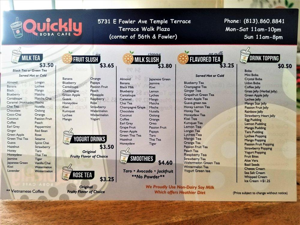 Menu at Quickly Boba Cafe. USF, Temple Terrace