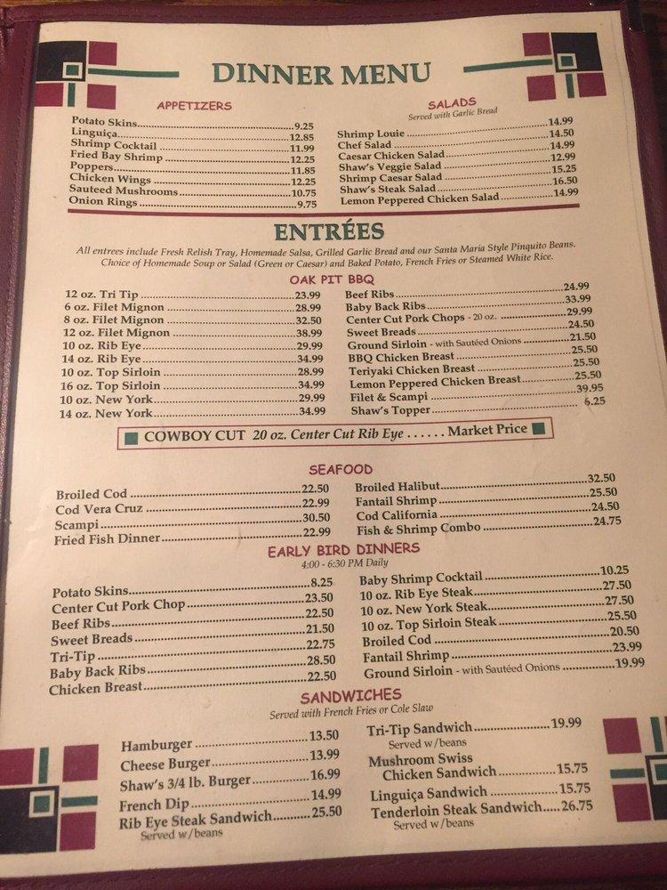 Menu at Shaw's Steakhouse, Santa Maria