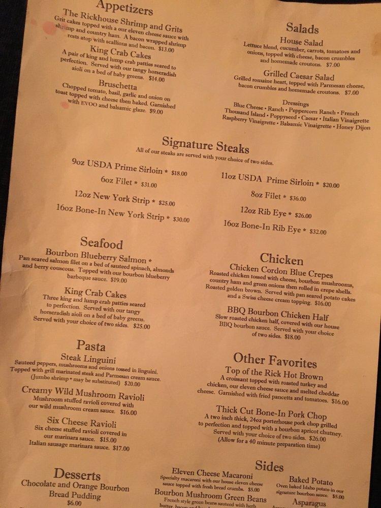 Menu at The Rickhouse steakhouse, Bardstown, Spalding Hall