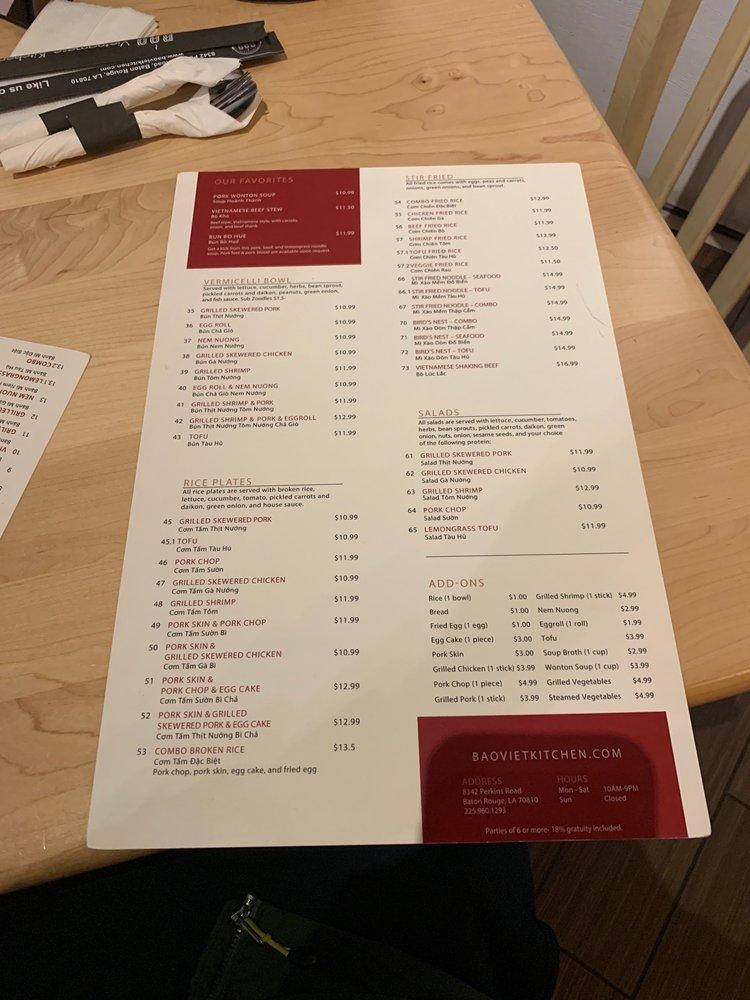 Menu at Bao Vietnamese Kitchen restaurant, Baton Rouge