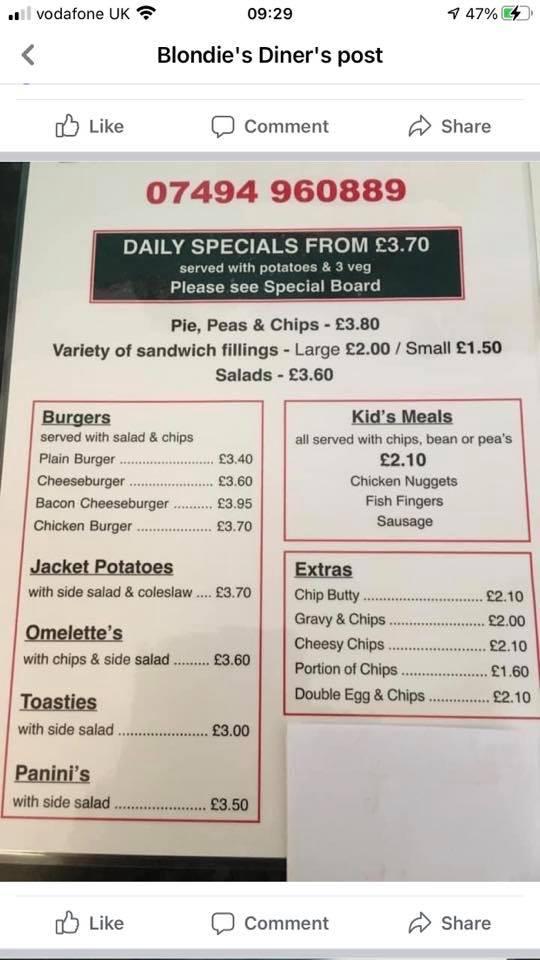 Menu at Blondie's Diner restaurant, Hartlepool