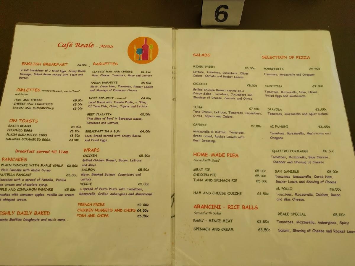 Menu at Café Reale cafe, Xagħra, 29 Victory Square