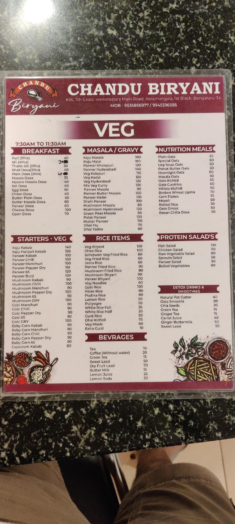 Menu at Chandu Biryani, Bengaluru