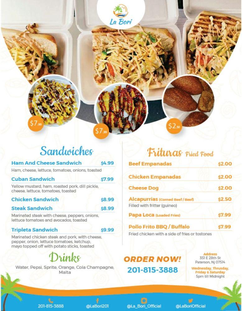 Menu at La Bori restaurant, Paterson