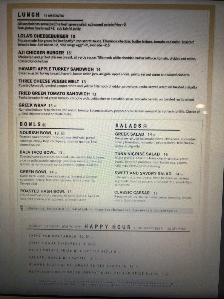 Menu at Lola's Cafe Bar, Lake Oswego