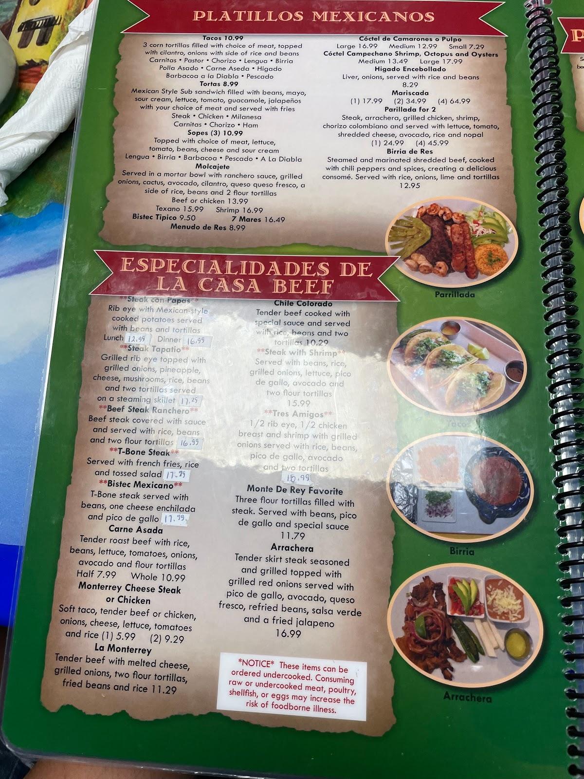 Carta del restaurante Monte De Rey, Kernersville