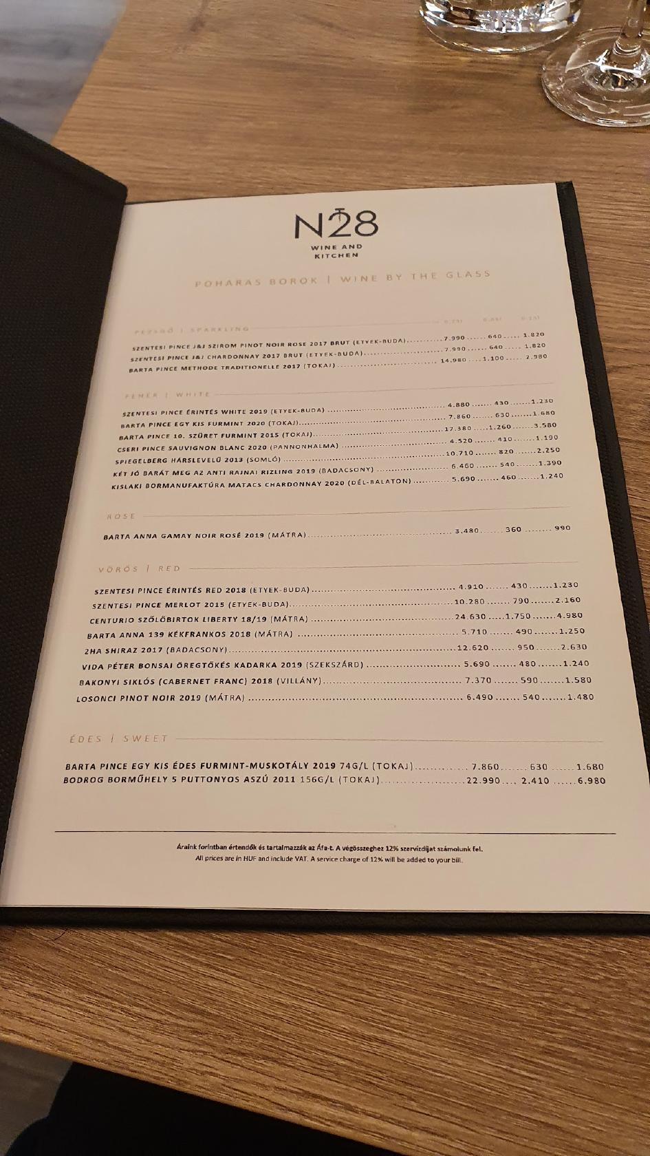 Menu at N28 Wine and Kitchen restaurant, Budapest