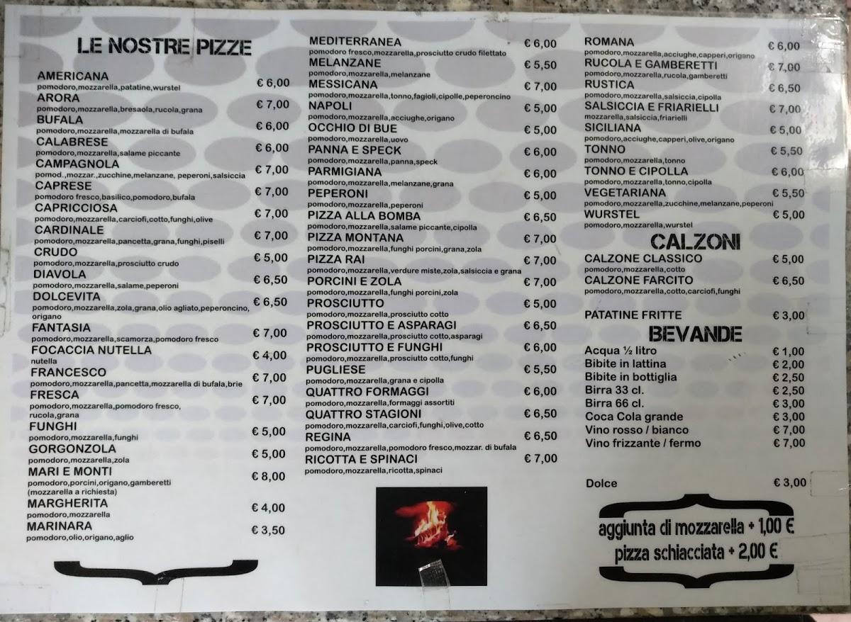 Menu da Pizzeria Rai, Pavia