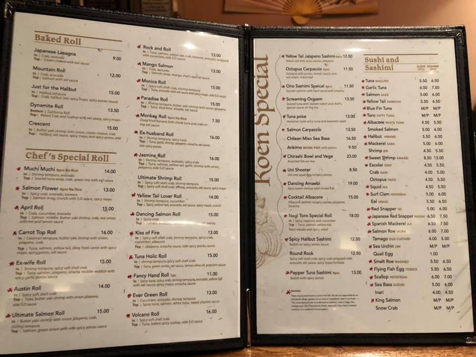 Menu at Sushi Koen restaurant, Round Rock