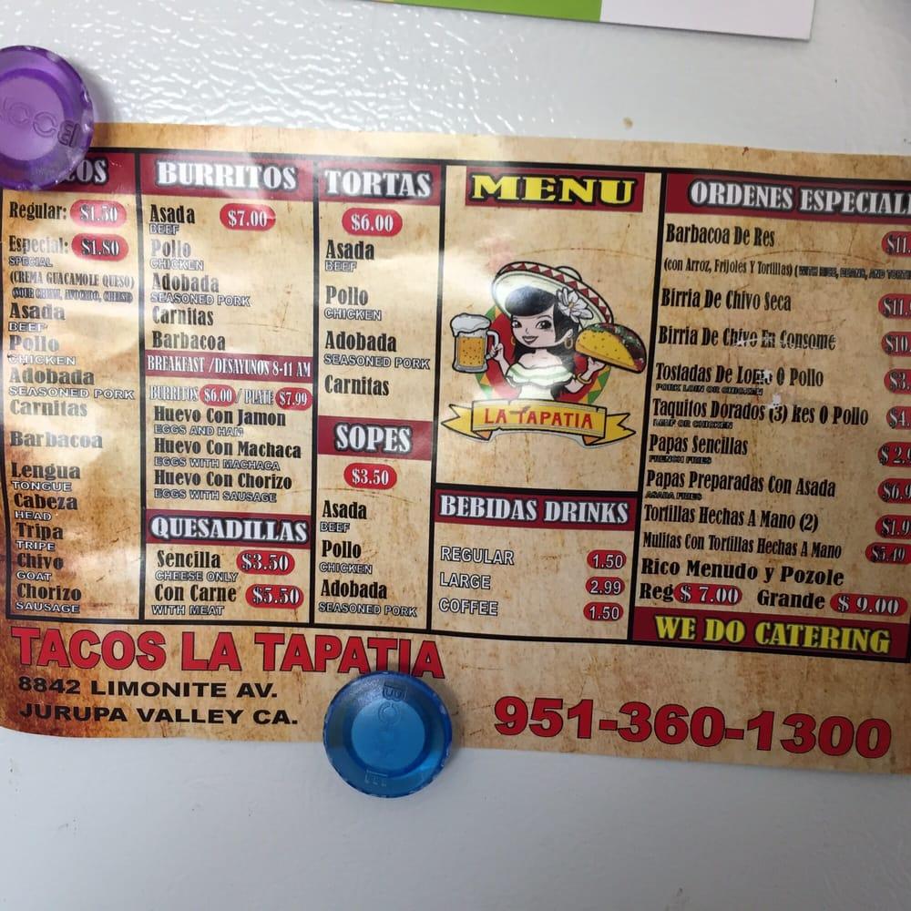 Menu at Tacos La Tapatia restaurant, Riverside